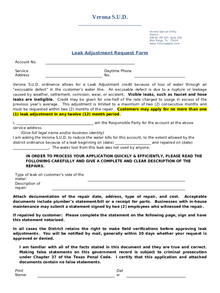 Leak Adjustment Request - Verona Special Utility District Doc Template | pdfFiller