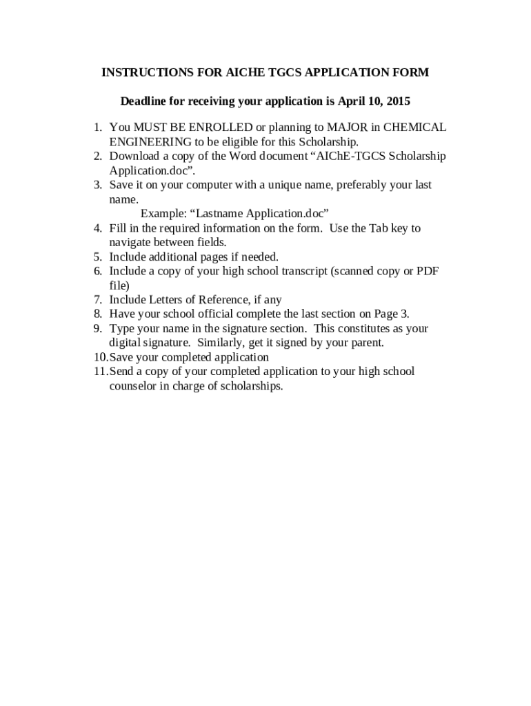 INSTRUCTIONS FOR AICHE TGCS APPLICATION Doc Template | pdfFiller
