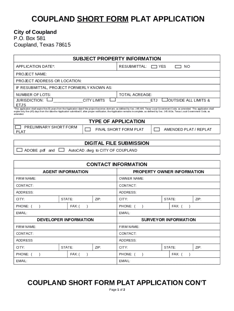 Coupland Short Plat Application Doc Template | pdfFiller