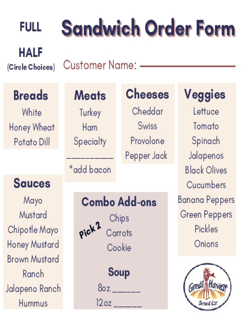Fillable Online Sandwich Order Form - Great Harvest Bread Co. Fax Email ...