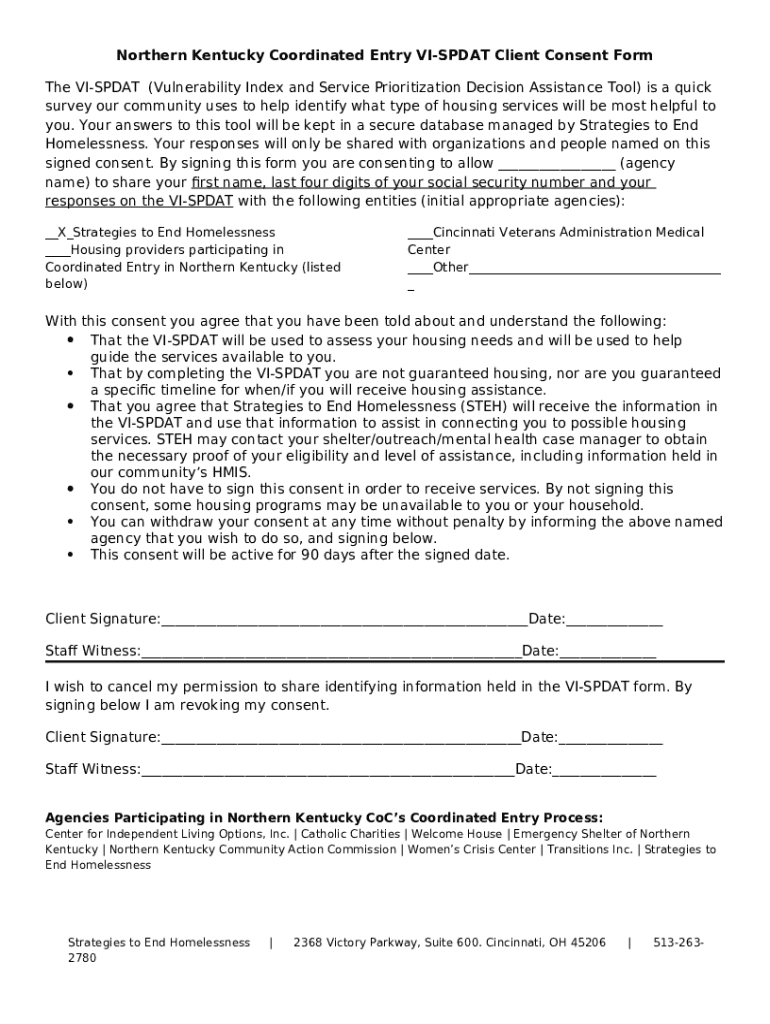 Northern Kentucky VI-SPDAT Client Consent Doc Template | pdfFiller