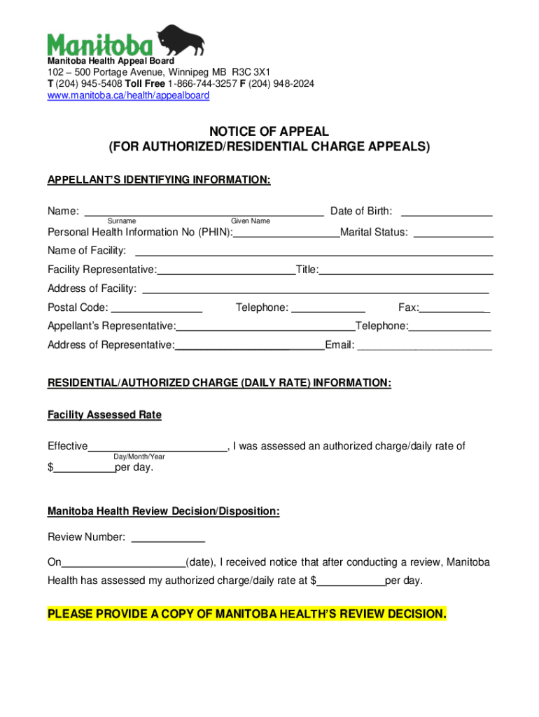 Fillable Online NOTICE OF APPEAL (FOR AUTHORIZED/RESIDENTIAL CHARGE ...