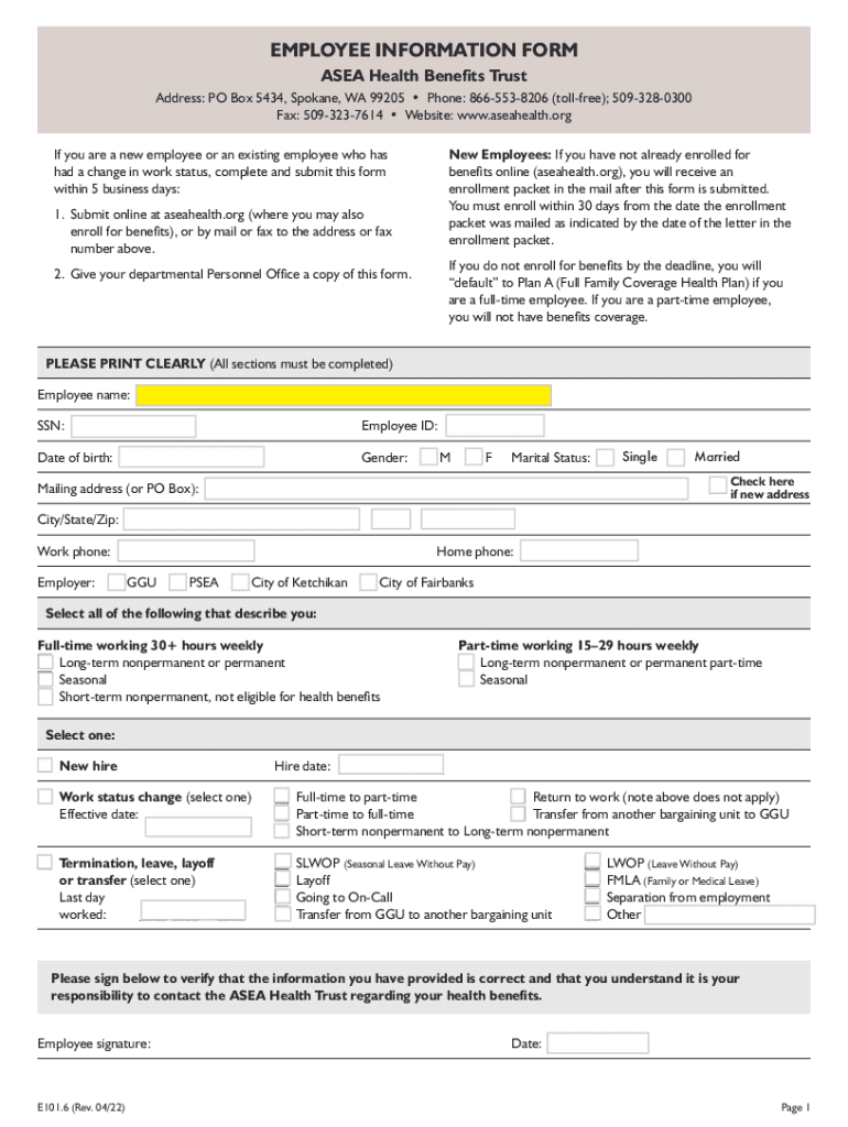 Fillable Online EMPLOYEE INFORMATION FORM - ASEA Health Benefits Trust ...
