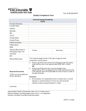 Fillable Online Quality Compliance Form - Cervical Cancer Screening ...