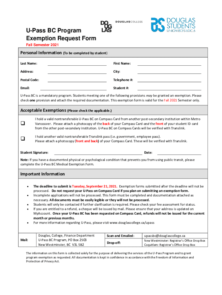 Fillable Online Fillable Online U-Pass BC bProgramb Exemption Request Form Fax Email Print ...