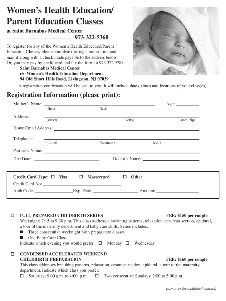 Fillable Online Childbirth and Pregnancy ClassesSt. Luke's Women's ...