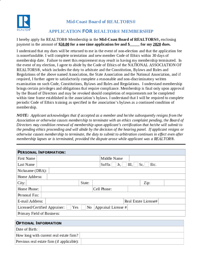 Mid-Coast Board of REALTORS APPLICATION FOR ... Doc Template | pdfFiller