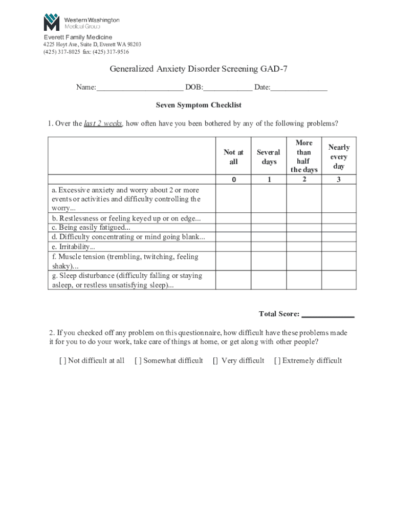 Fillable Online Generalized Anxiety Disorder Screening GAD-7 Fax Email ...