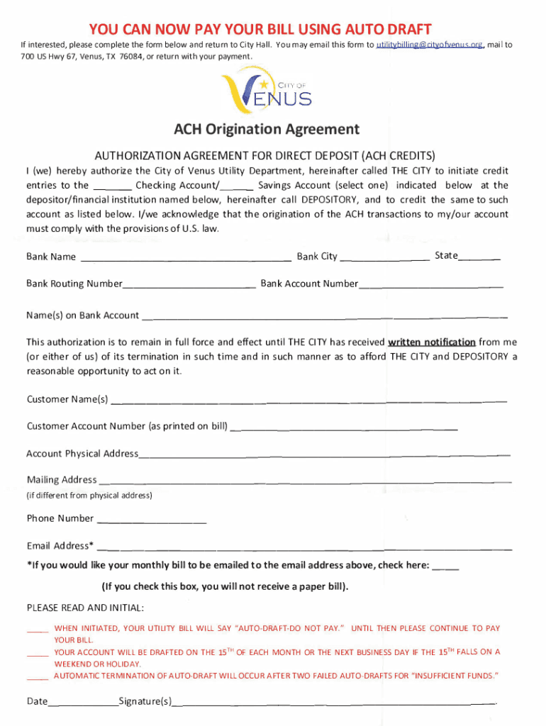 Fillable Online Auto Draft Payment Authorization Form - Woodville, TX ...