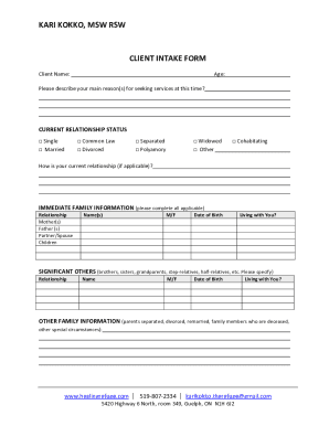 Fillable Online KARI KOKKO, MSW RSW CLIENT INTAKE FORM Fax Email Print - pdfFiller