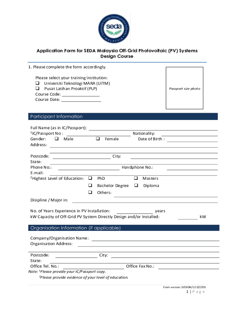 Fillable Online Application Form for SEDA Malaysia Grid-Connected ...