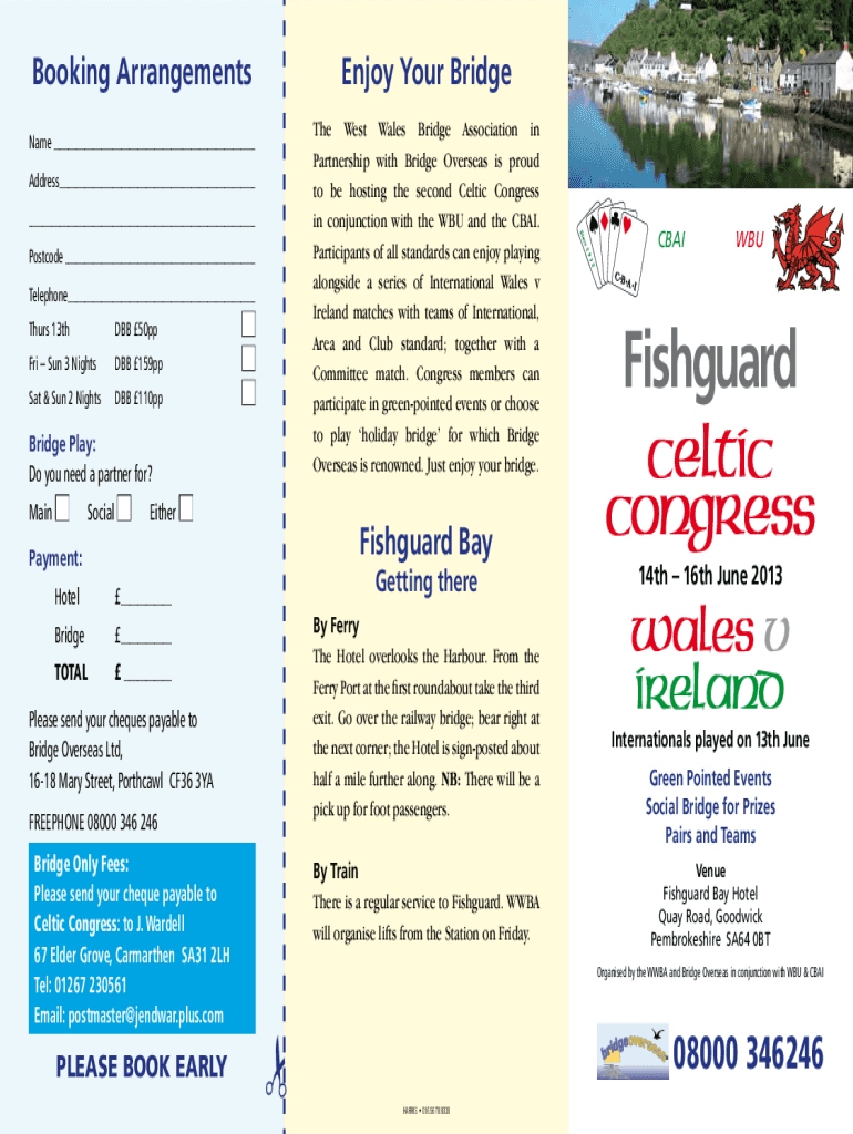 Fillable Online Fishguard CELTIC CONGRESS - Welsh Bridge Union Fax ...