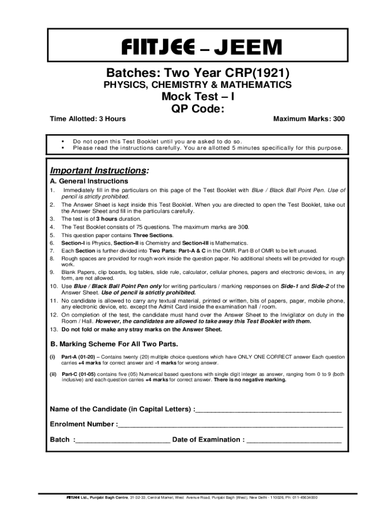 Fillable Online Two Year Classroom Program for JEE Main & Advanced Fax Email Print - pdfFiller