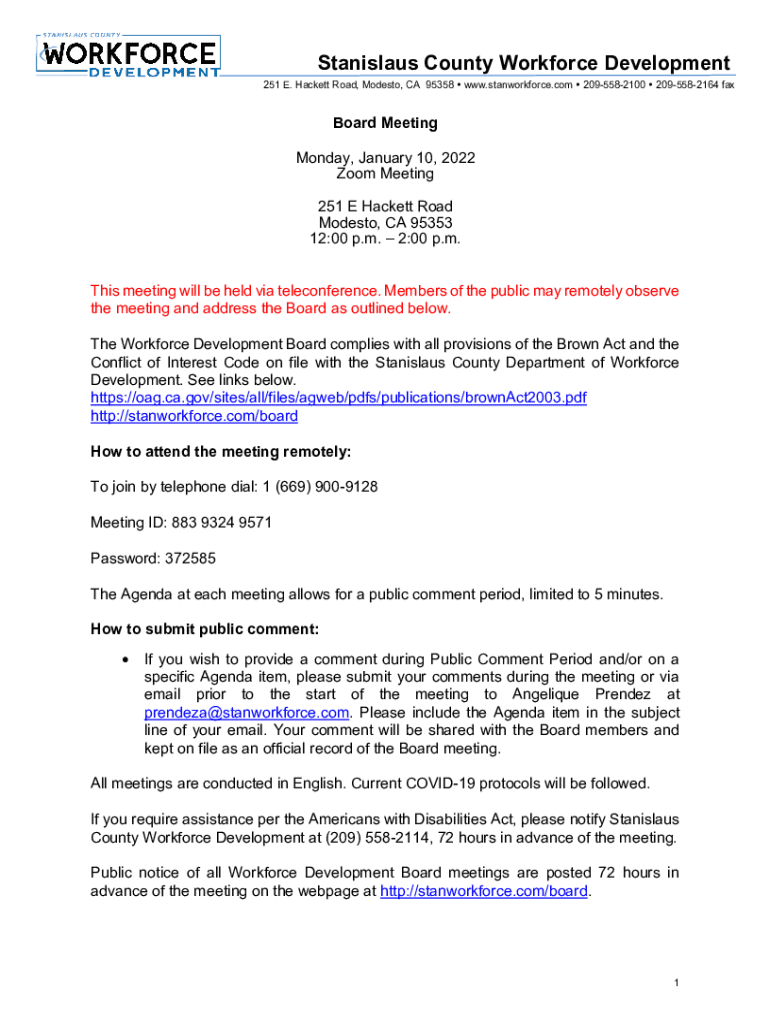 Fillable Online The Workforce Development Board complies with all provisions of the Brown Act ...