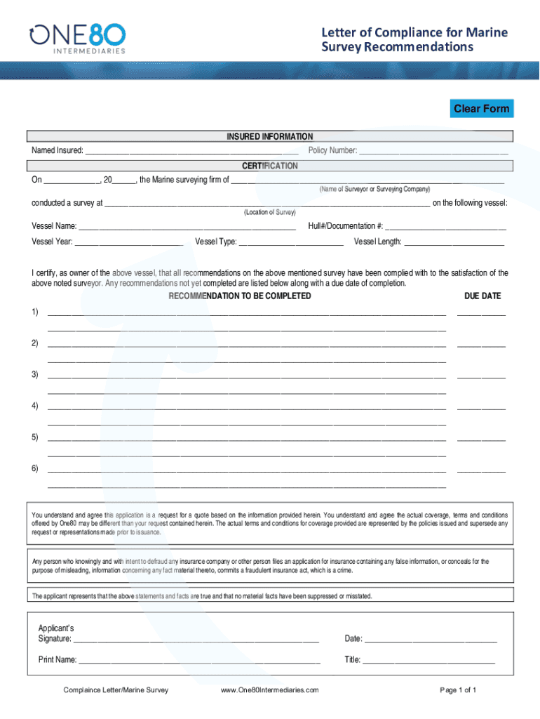 Fillable Online Letter of Compliance for Marine Survey Recommendations ...