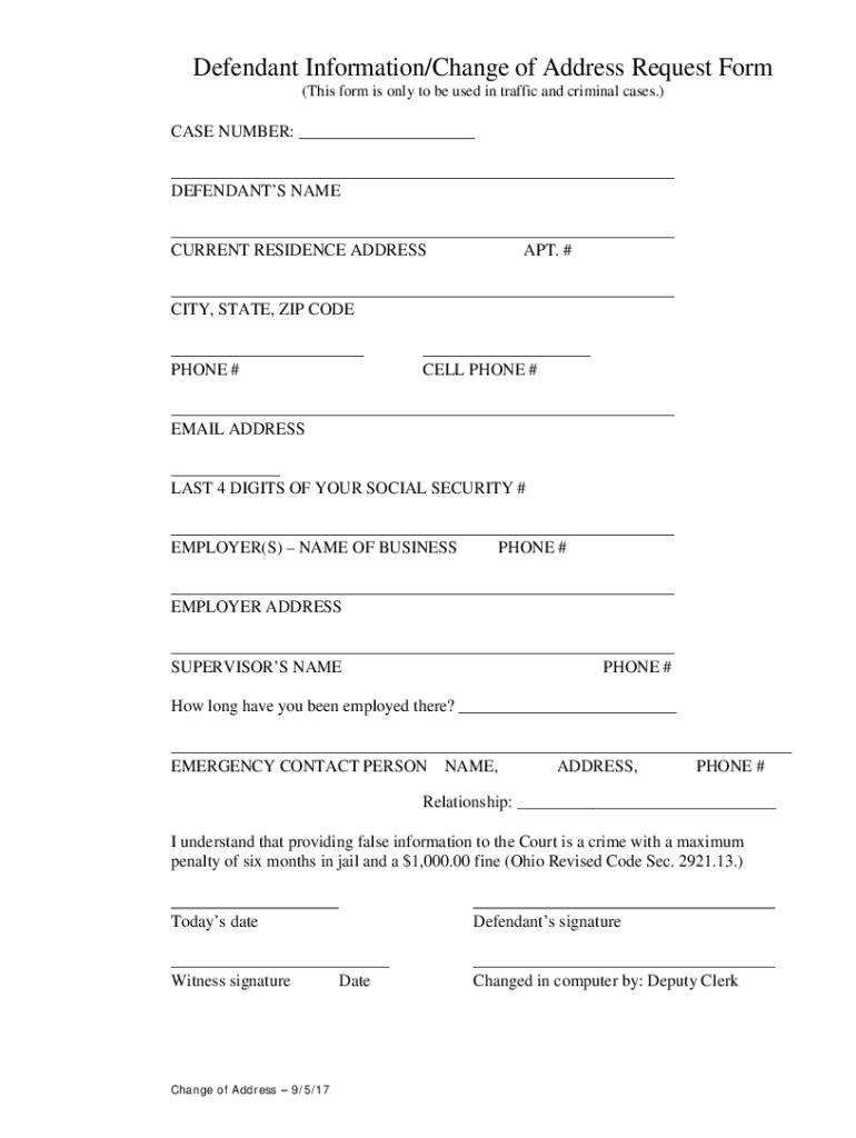 Fillable Online Defendant Information/Change of Address Request Form Fax Email Print - pdfFiller