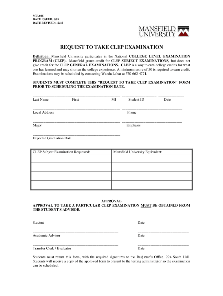 Fillable Online REQUEST TO TAKE CLEP EXAMINATION Fax Email Print ...