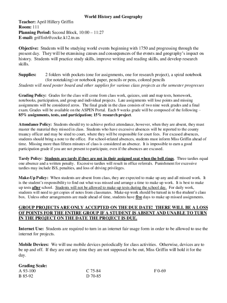 Fillable Online World Geography - Cosby High School Fax Email Print - pdfFiller