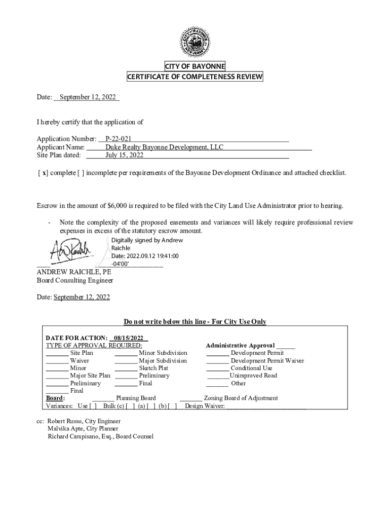 Fillable Online city of bayonne - certificate of completeness review ...