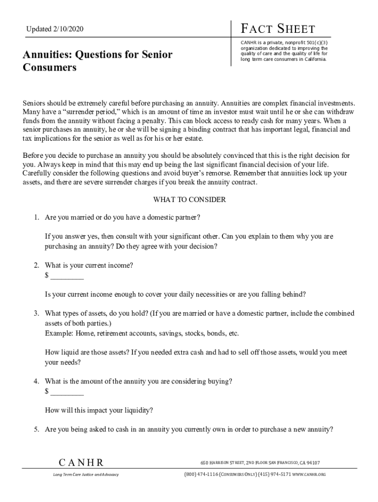 Fillable Online Annuities: Questions for Senior Consumers Fax Email ...