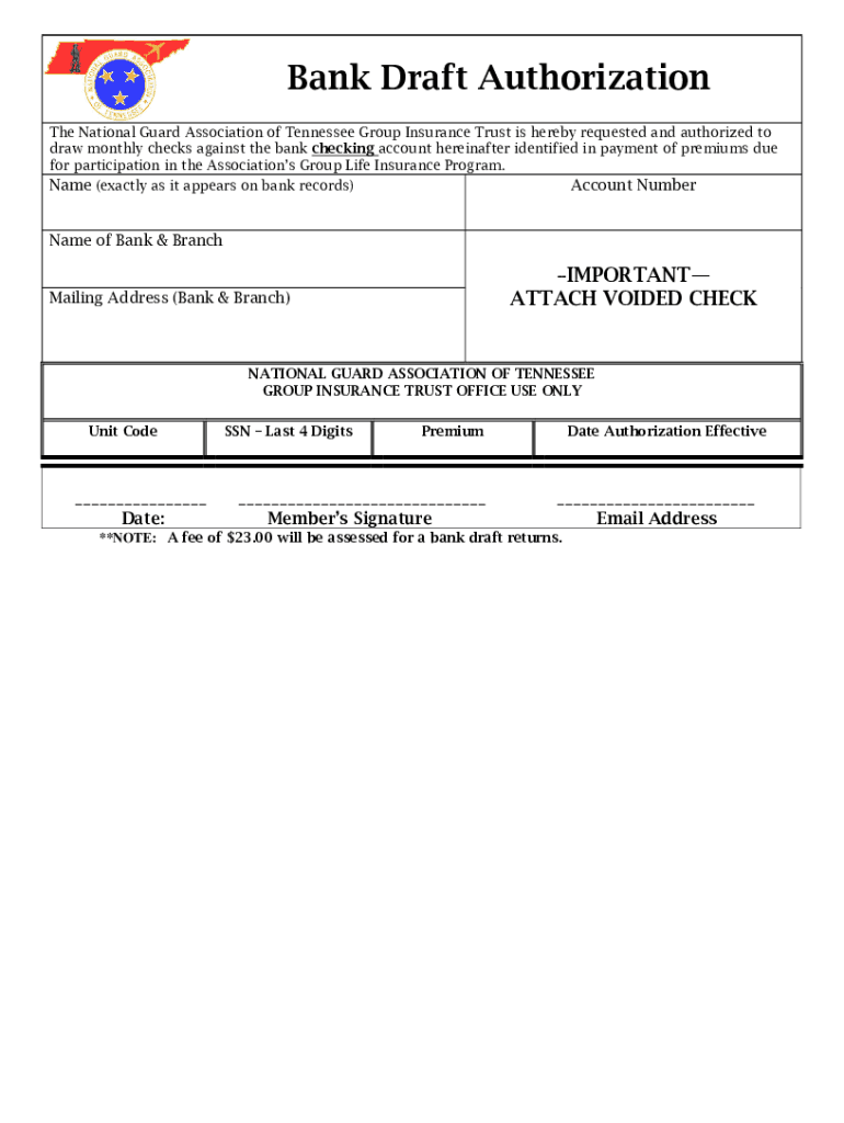 Fillable Online NGATN/AFBA SSLI Bank Draft Form Fax Email Print - pdfFiller