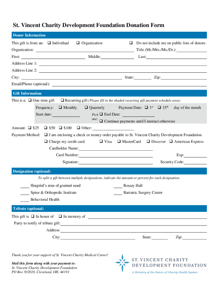 Fillable Online St. Vincent Charity Development Foundation Donation ...