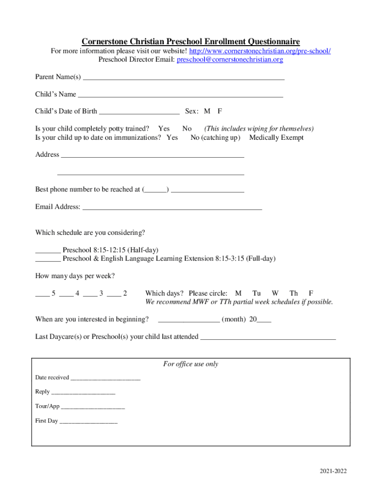Fillable Online Cornerstone Preschool Enrollment Eligibility ...