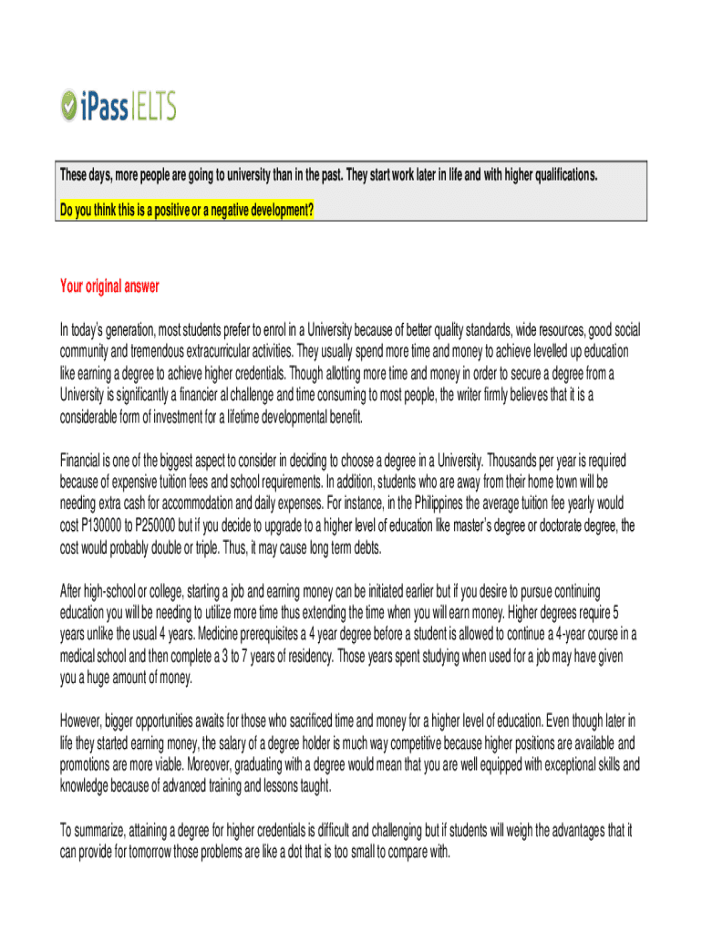 Fillable Online IELTS Writing Task 2 Sample 1 - People attend colleges ...