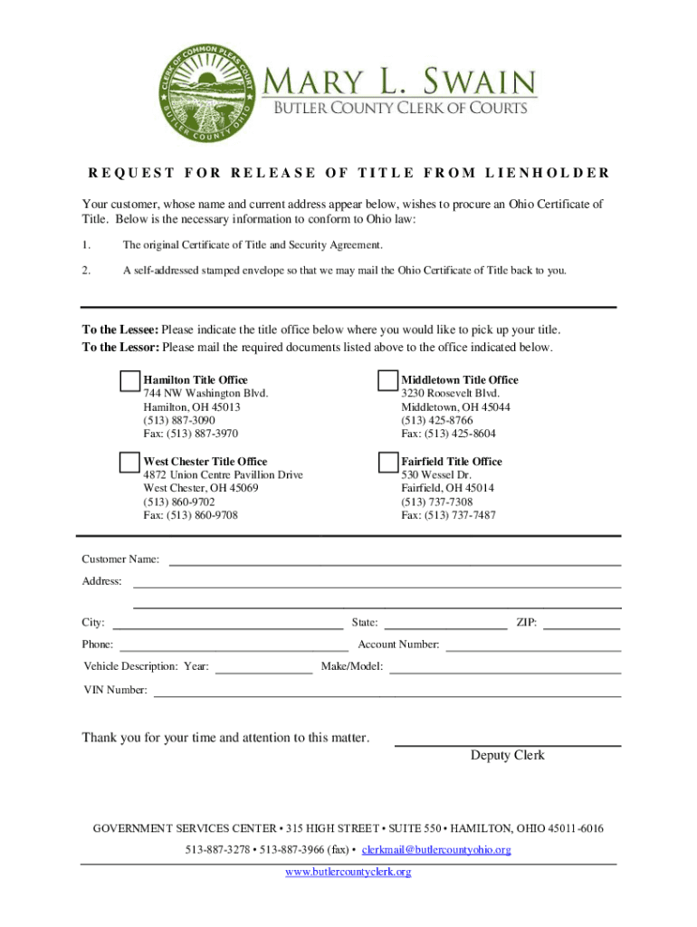 Fillable Online REQUEST FOR RELEASE OF TITLE FROM LIENHOLDER Fax Email Print - pdfFiller