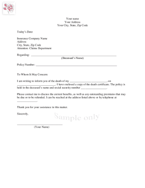 Fillable Online sample letter to insurance company for death claim Fax ...