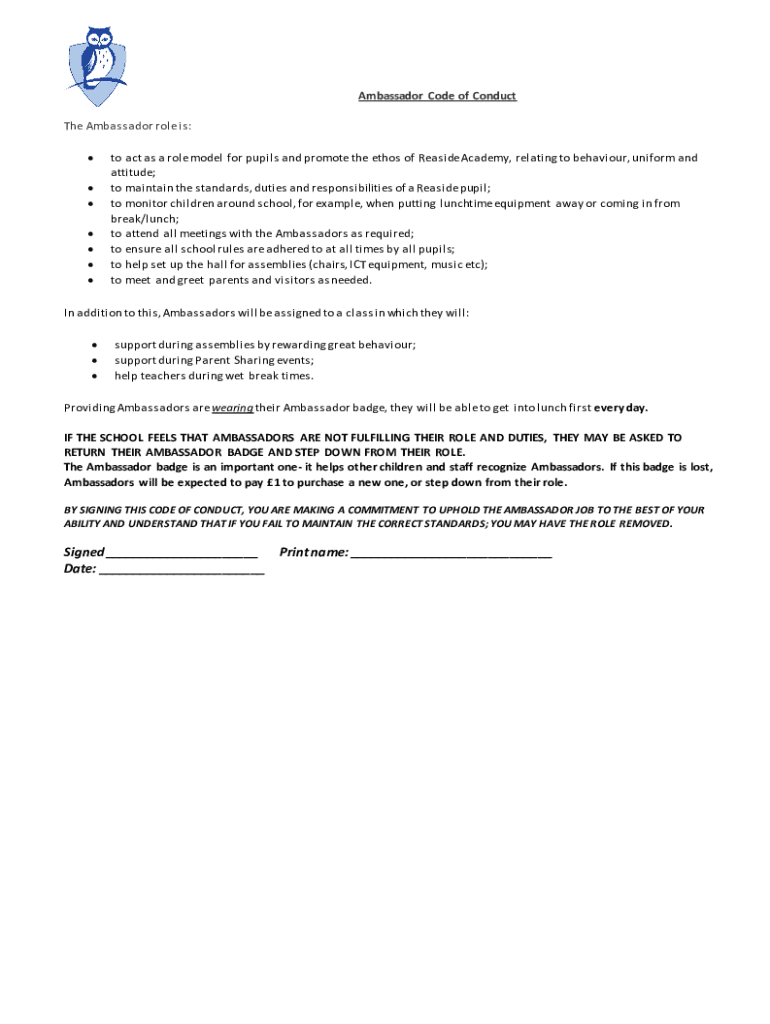 Fillable Online Ambassador Code of Conduct - Reaside Academy Fax Email ...