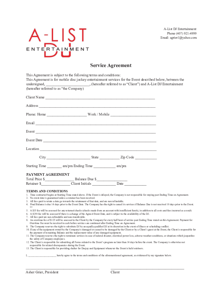 Fillable Online Disc Jockey (DJ) Services Contract Template - eForms ...
