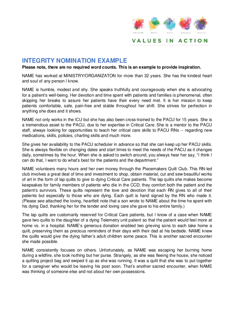 Fillable Online VALUES IN ACTION NOMINATION FORM Fax Email Print ...