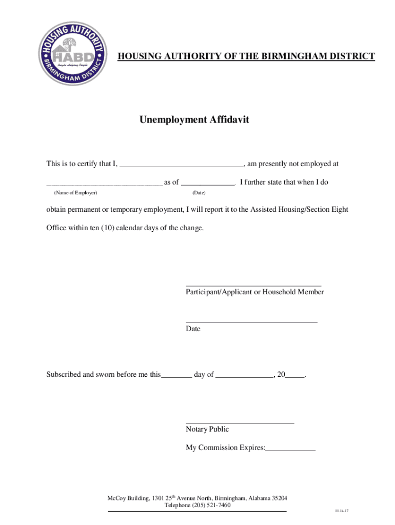 Fillable Online Unemployment Affidavit - Housing Authority Birmingham ...