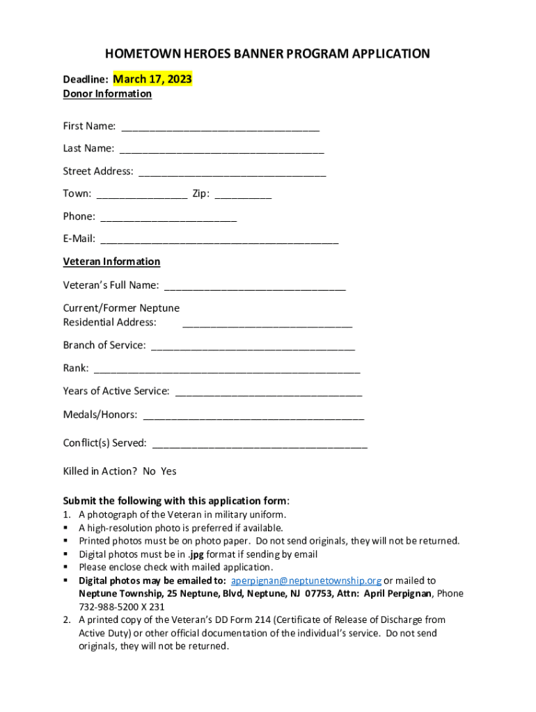 Fillable Online Town of Dover Hometown Hero Program Fax Email Print ...