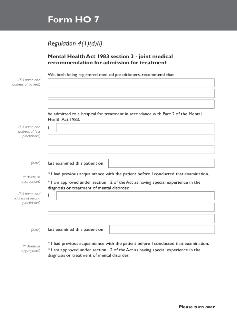 Fillable Online Admission to hospital forms for use under the Mental ... Fax Email Print - pdfFiller