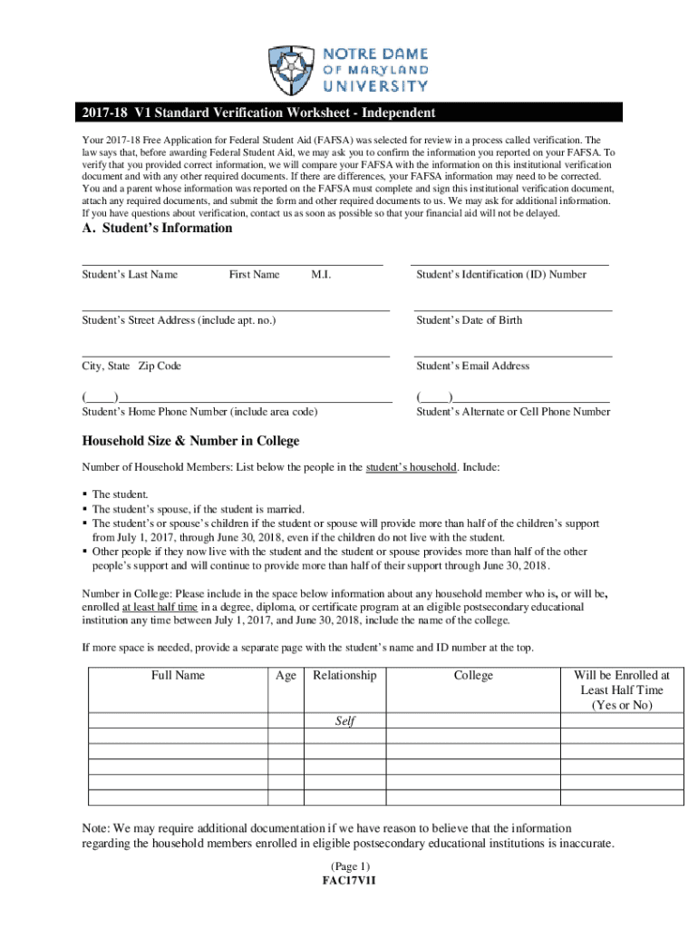 Fillable Online 20172018 V1 Standard Verification Worksheet Independent Student Fax Email Print ...