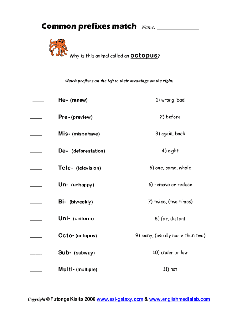 Fillable Online Common prefix match Name: - Free ESL Worksheets ...