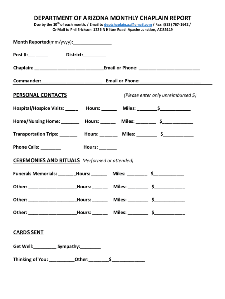 Fillable Online DEPARTMENT OF ARIZONA MONTHLY CHAPLAIN REPORT Fax Email ...