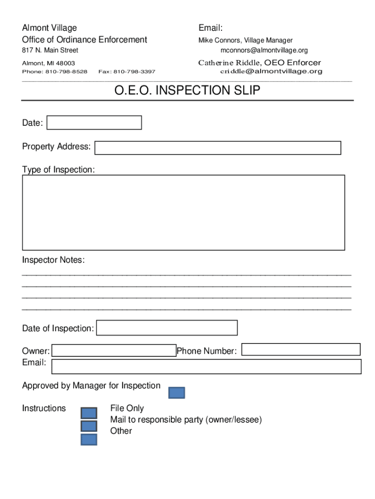 Fillable Online Blank OEO Inspection Slip 2019 - Village of Almont Fax ...