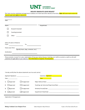 Fillable Online biology unt Biology Graduate Leave Request Fax Email Print - pdfFiller
