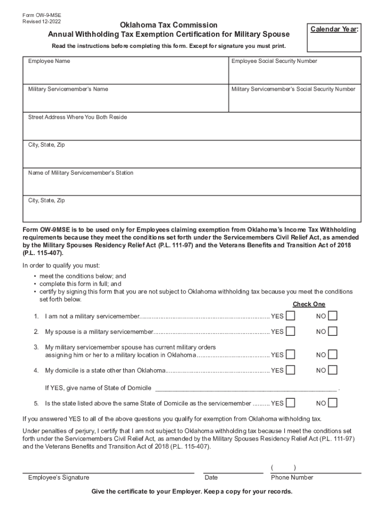 Fillable Online Form OW-9-MSE Annual Withholding Tax Exemption ...
