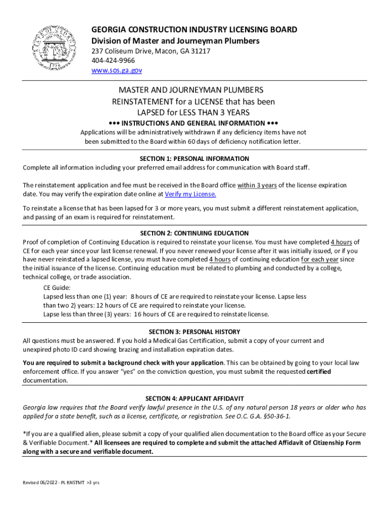 Fillable Online sos ga 48 Plumbing REINSTATEMENT Application.docx Fax Email Print - pdfFiller