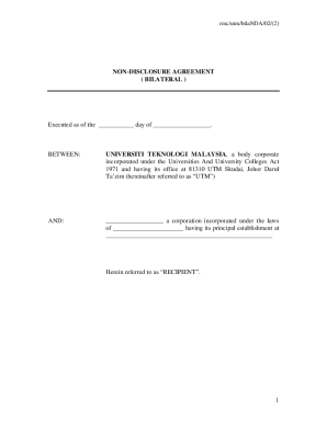 Fillable Online rmc utm NON-DISCLOSURE AGREEMENT UNILATERAL UNIVERSITI ...