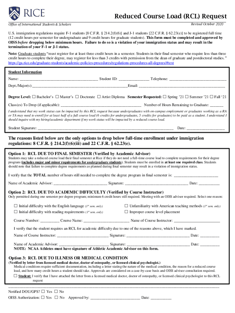 Fillable Online oiss rice Reduced Course Load (RCL) Request - Rice OISS ...