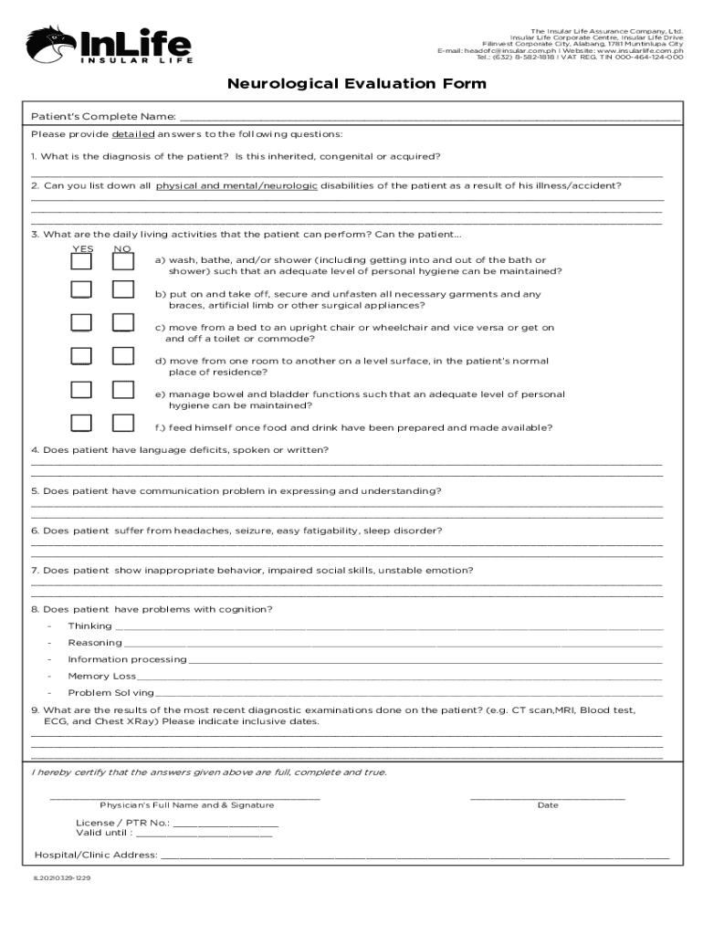 Fillable Online IL20190228-36NEUROLOGICAL EVALUATION FORM Fax Email ...