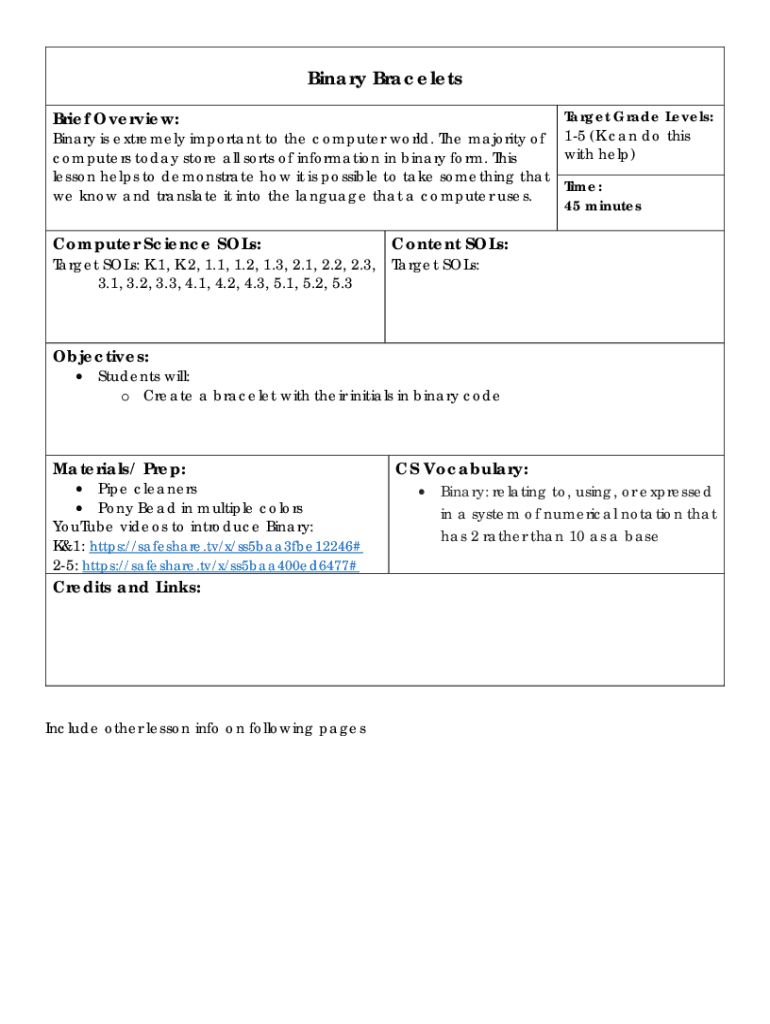 Fillable Online Binary Bracelets - STEM Activities - AVID Open Access Fax Email Print - pdfFiller