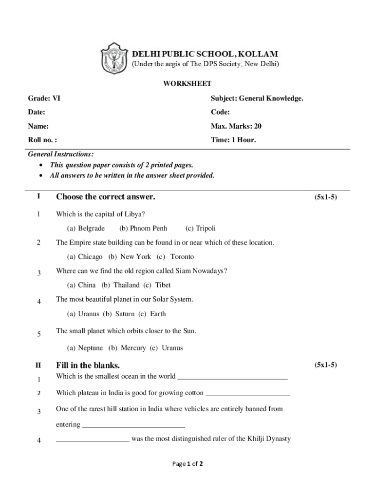 Fillable Online Download free sample test paper for grade 2 General ...