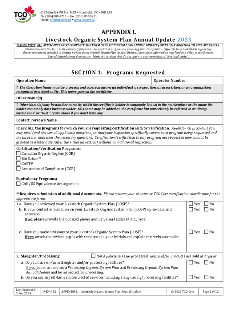 Fillable Online Appendix LLivestock Organic System Plan Annual Update Fax Email Print - pdfFiller