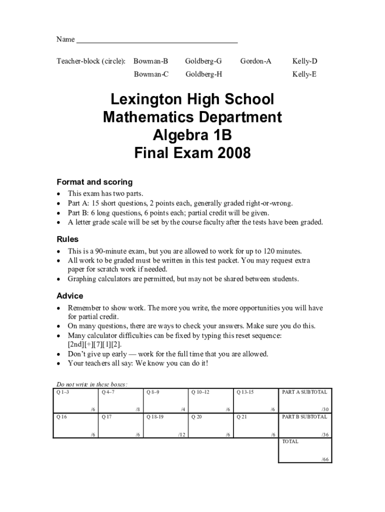 Fillable Online ALG 1B Algebra I, Second Semester To the Student Fax ...